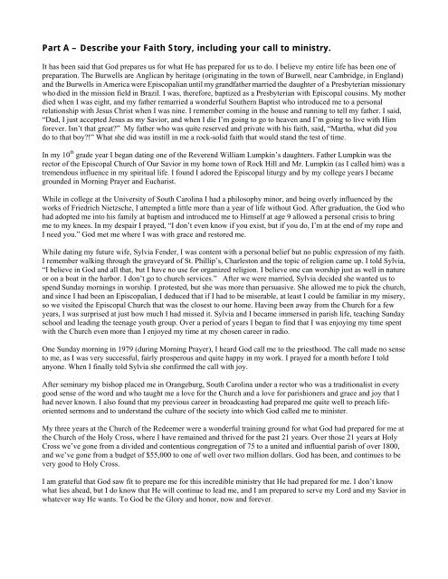 Part A – Describe your Faith Story, including your call to ministry.