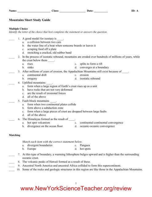 Mountains Short Study Guide - Earth Science Regents Review