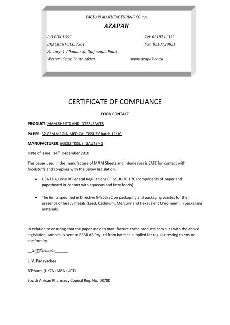 Azapak Certificate of Compliance - Kaap Agri