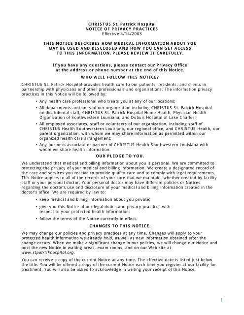 CHRISTUS St. Patrick Hospital NOTICE OF PRIVACY PRACTICES ...