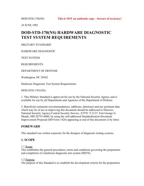 DOD-STD-170(NS) HARDWARE DIAGNOSTIC TEST SYSTEM ...