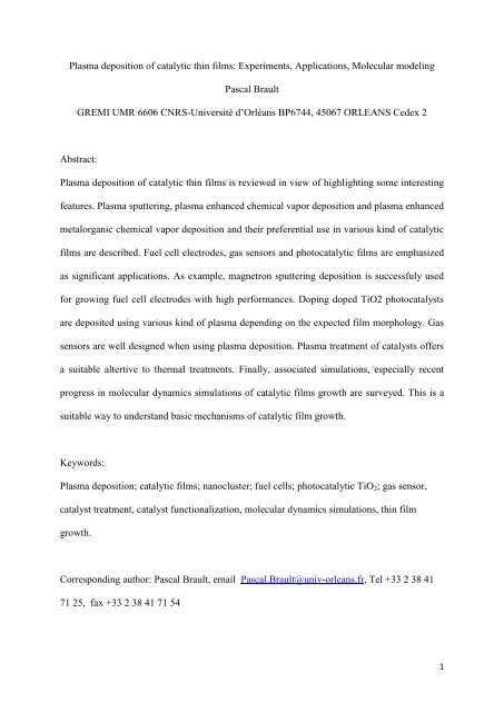 Plasma deposition of catalytic thin films: Experiments ... - Brault, Pascal
