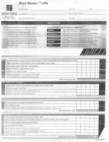 Sensory Profile Scoring Sheet Factor Summary Comprehensive Autistic