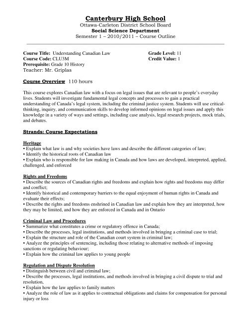 Grade 11 Understanding Canadian Law, CLU3M - Canterbury High ...