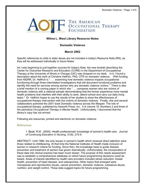 Domestic Violence American Occupational Therapy Foundation 3769