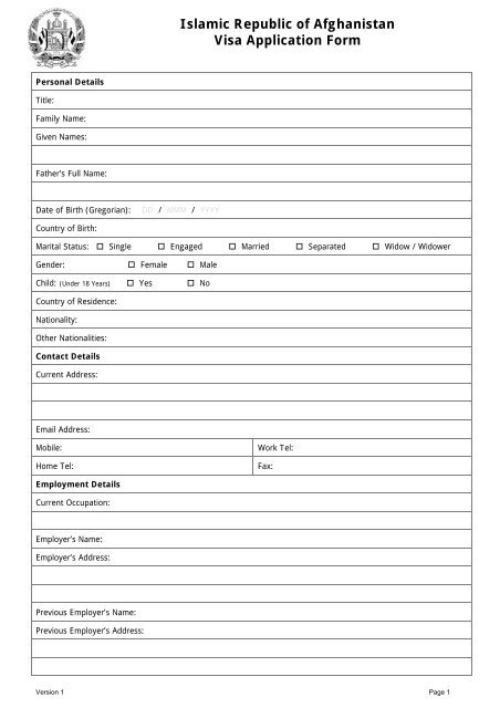 Islamic Republic of Afghanistan Visa Application Form - VES visa ...