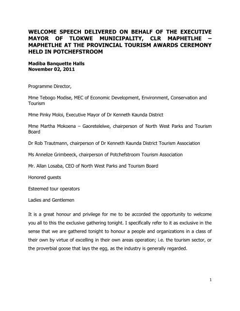 welcome speech delivered on behalf of the executive mayor of ...