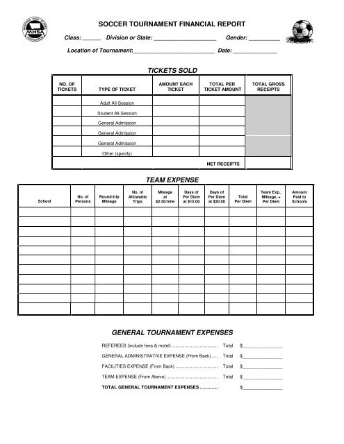 Soccer Tournament Financial Form