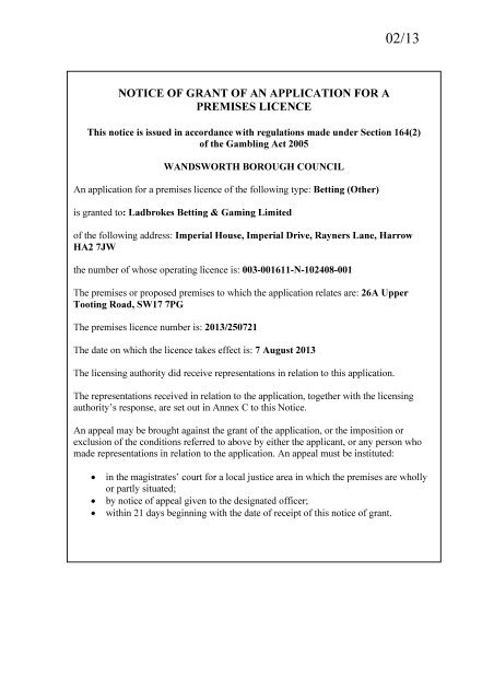 notice of grant of an application for a premises licence - Wandsworth ...