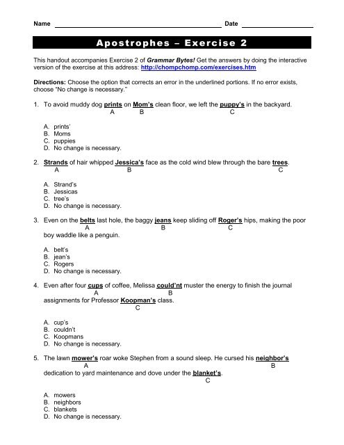 Apostrophes â Exercise 2 - Grammar Bytes!