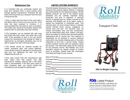 Transport Wheelchair Instruction Manual from Roll Mobility.