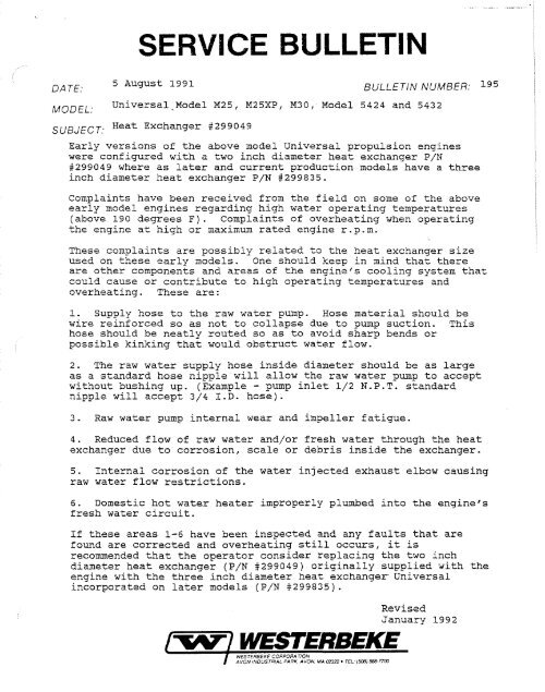 Service Bulletin #195: Model 5425 and 5432 - Westerbeke