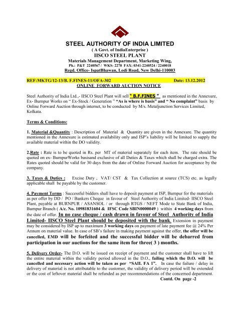 STEEL AUTHORITY OF INDIA LIMITED - Metaljunction