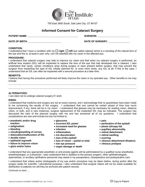 Informed Consent for Cataract Surgery - The Eye Institute