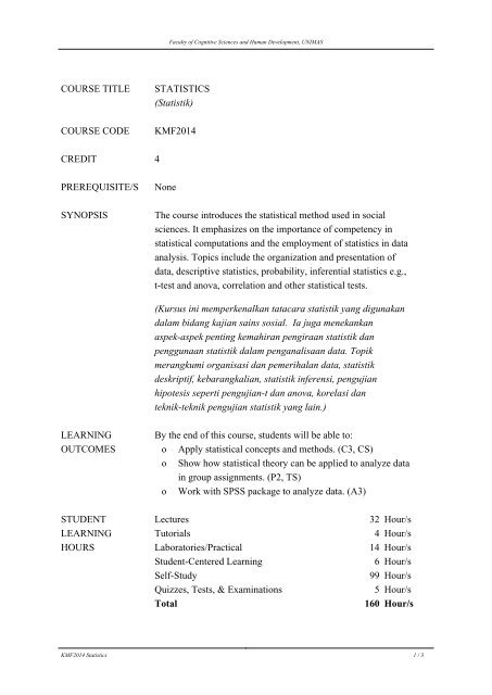COURSE TITLE STATISTICS (Statistik) COURSE CODE KMF2014 ...