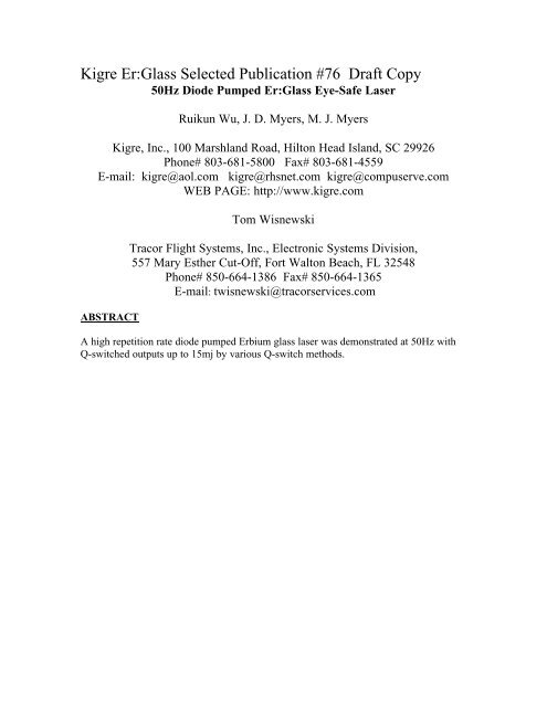 50Hz Diode Pumped Er:Glass Eye-Safe Laser - Kigre, Inc.