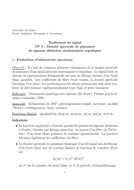 Traitement de signal TP 3 : DensitÃ© spectrale de puissance de ...