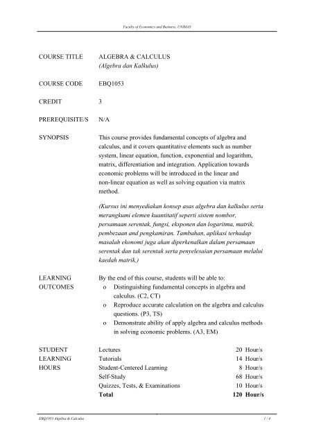 COURSE TITLE ALGEBRA & CALCULUS (Algebra dan Kalkulus ...