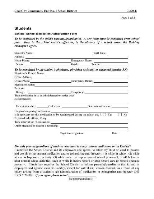 School Medication Authorization Form - Coal City High School