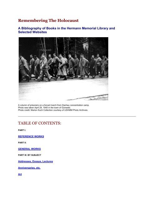 Remembering The Holocaust TABLE OF CONTENTS: