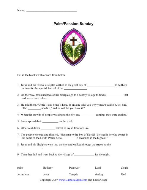 Palm/Passion Sunday Worksheet â fill in the blanks - Catholic Mom