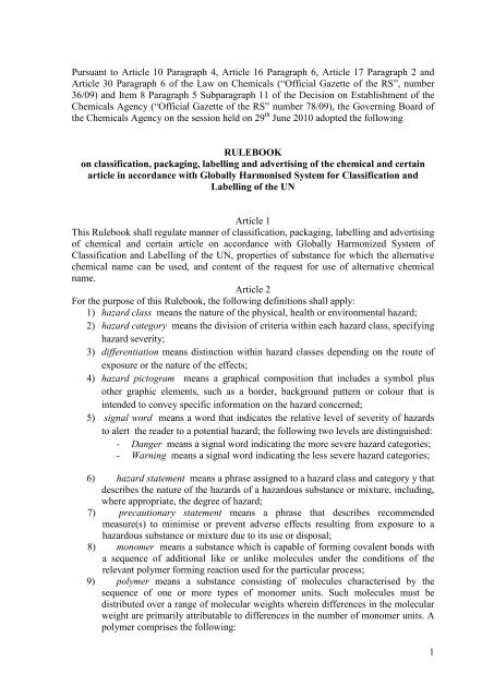 rulebook on classification, packaging, labelling and advertising of ...