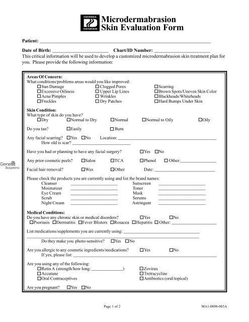 Microdermabrasion Skin Evaluation Form - Genesis Biosystems