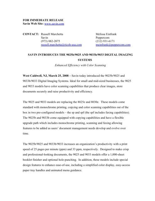 DRAFT FOR REVIEW - Savin Corporation