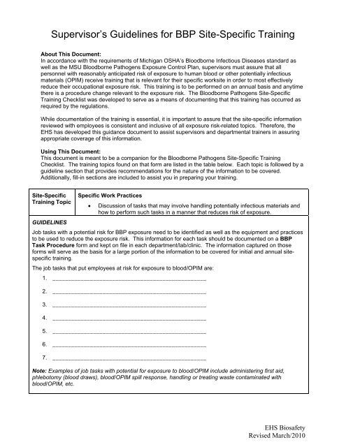 Supervisor's Guidelines for BBP Site-Specific Training - the orcbs