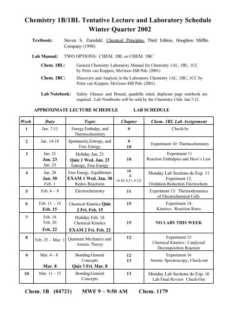 Chemistry 1B/1BL Tentative Lecture and Laboratory Schedule ...