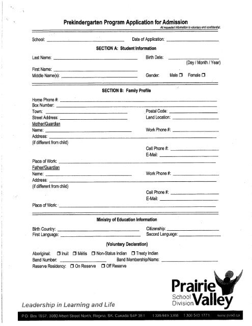 Pre K application form 2013-14 - Prairie Valley School Division