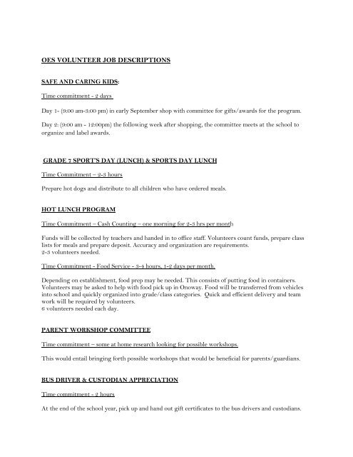OES VOLUNTEER JOB DESCRIPTIONS - Onoway Elementary School