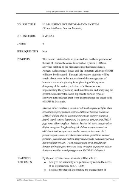 COURSE TITLE HUMAN RESOURCE INFORMATION SYSTEM ...
