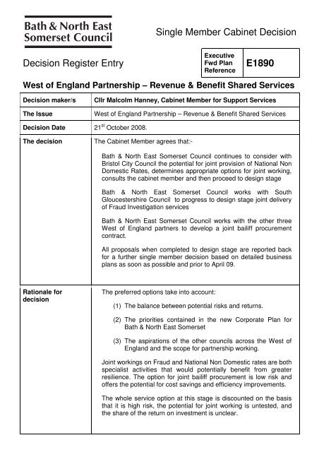 Decision Register E1890 - Bath and North East Somerset