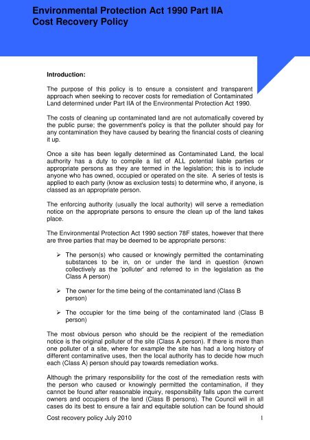 Environmental Protection Act 1990 Part IIA Cost Recovery Policy environmental-protection-act-1990-part-iia-cost-recovery-policy