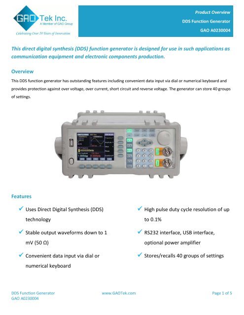 DDS Function Generator GAO A0230004 - GAO Tek Inc.
