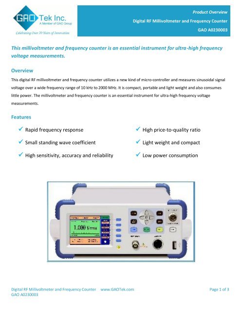 Digital RF Millivoltmeter and Frequency Counter GAO ... - GAO Tek Inc.