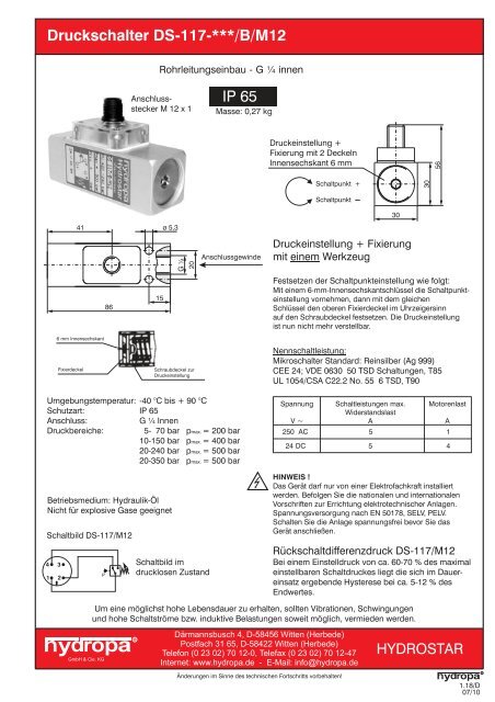 Druckschalter DS-117-***/B/M12 IP 65 - Hydropa GmbH & Cie. KG