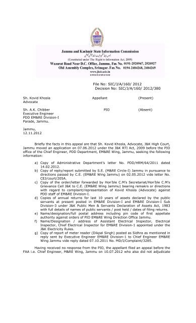 SIC/J/A/160/ 2012/380 - State Information Commission