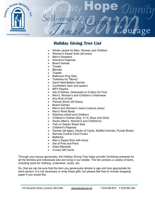 Holiday Giving Tree List - Lazarus House