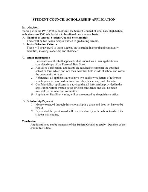 STUDENT COUNCIL SCHOLARSHIP APPLICATION Introduction: