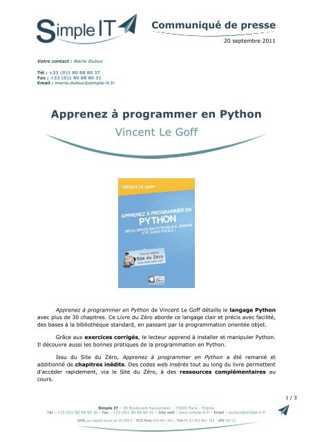 Apprenez à programmer en Python Vincent Le Goff Apprenez à programmer en Python Vincent Le Goff