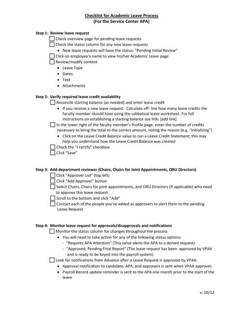 Checklist for Academic Leave Process (For the ... - Academic Affairs