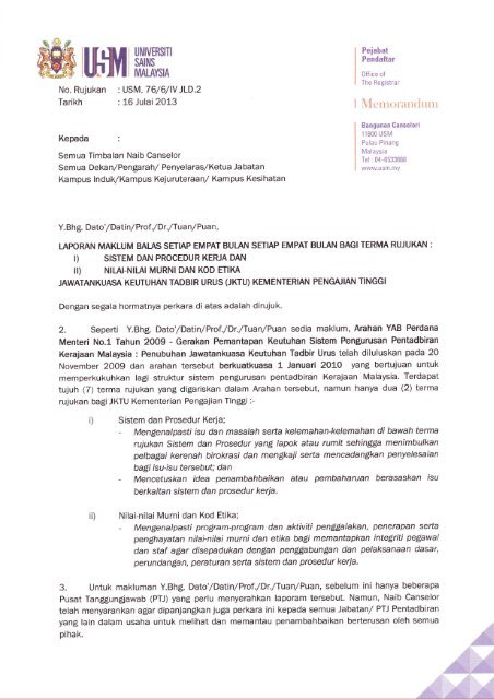 memo: laporan maklum balas jktu 2013 - Jabatan Pendaftar - USM