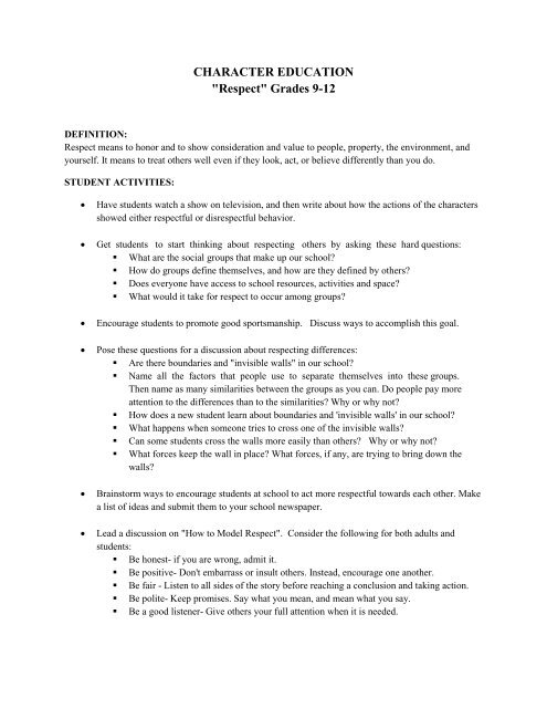 CHARACTER EDUCATION "Respect" Grades 9-12 - Keller ISD