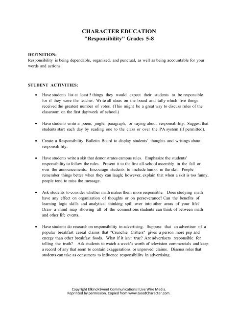 CHARACTER EDUCATION "Responsibility" Grades 5-8 - Keller ISD