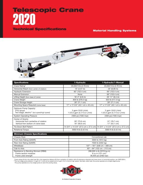 IMT 2020 Telescopic Crane Specification Sheet - Truck Utilities