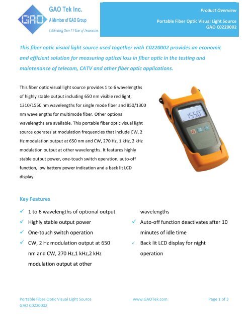 Portable Fiber Optic Visual Light Source (GAO ... - GAO Tek Inc.