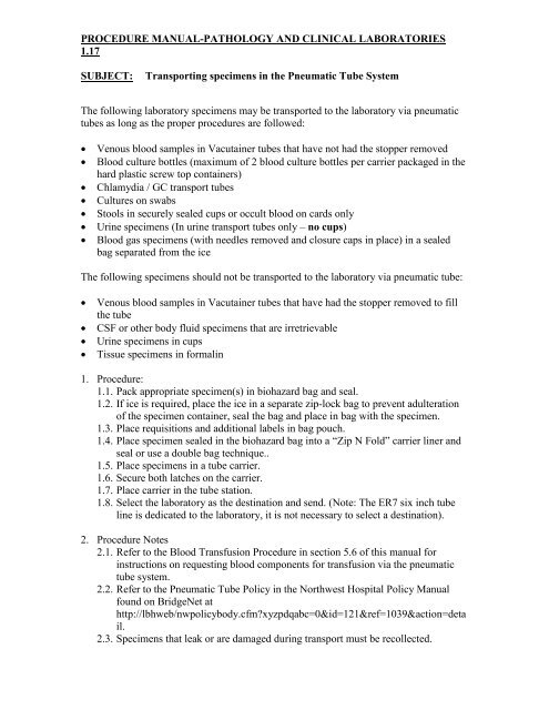 Transporting Lab Specimens via the Pneumatic ... - LifeBridge Health