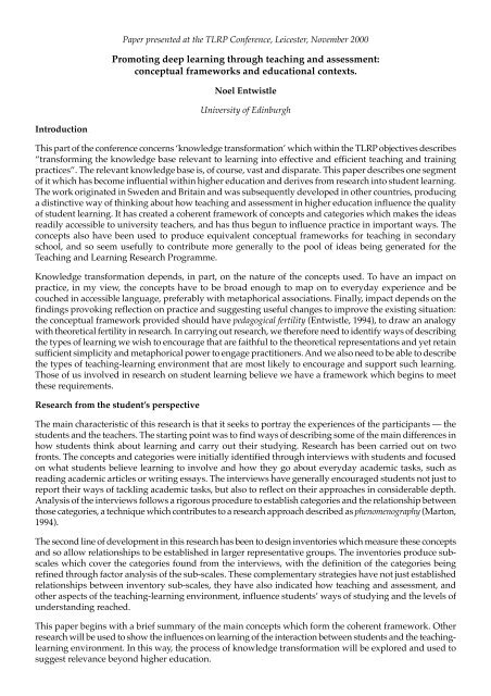 Promoting deep learning through teaching and assessment